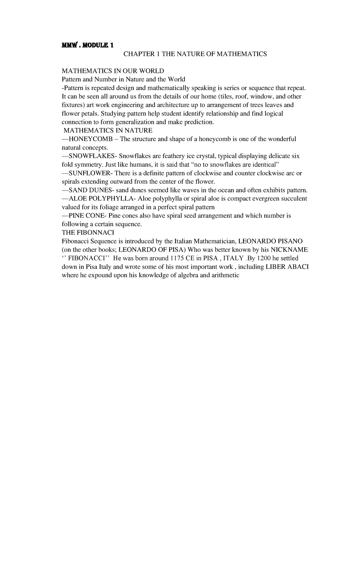 MMW Reviewer for 1st Semester - MMW. MODULE 1 CHAPTER 1 THE NATURE OF MATHEMATICS MATHEMATICS IN ...