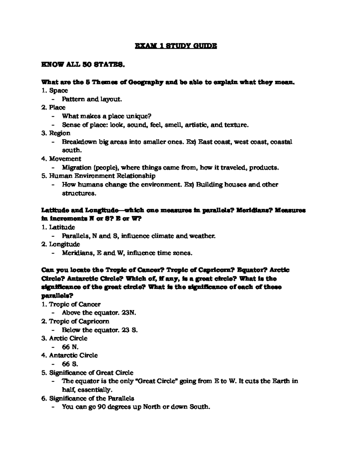 GEOG Study Guide - EXAM 1 STUDY GUIDE KNOW ALL 50 STATES. What are the ...