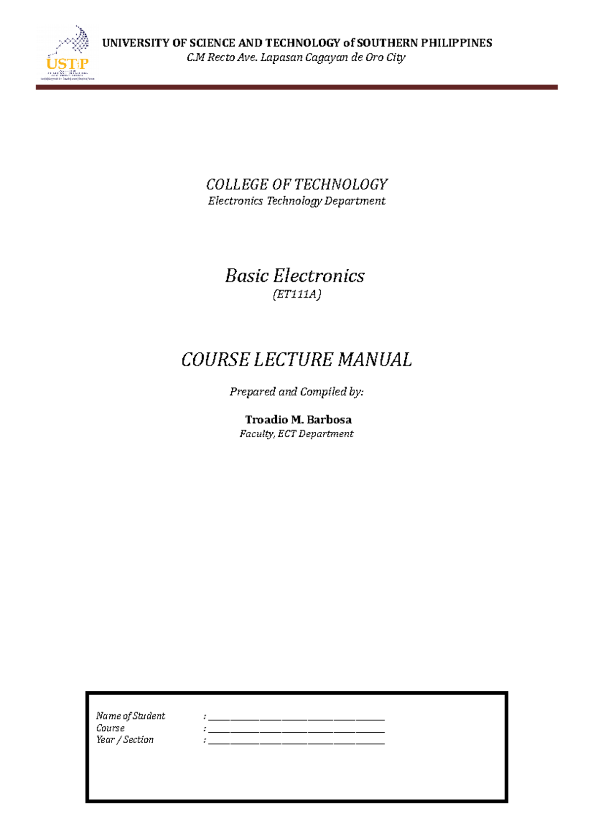 ET111-Lec Manual Basic Electronics-2022 - C Recto Ave. Lapasan Cagayan de Oro City COLLEGE OF ...