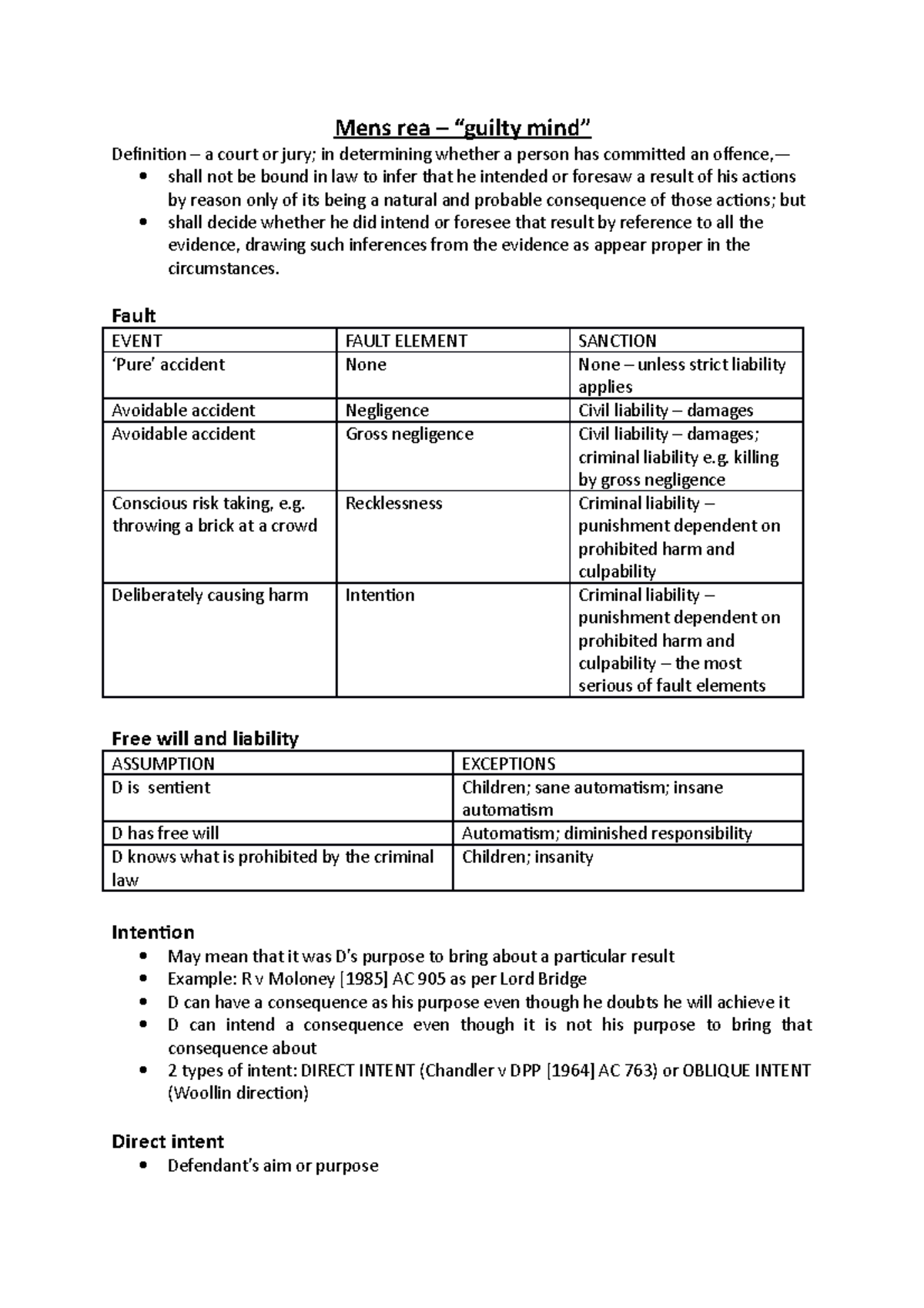 Mens Rea Notes - Mens rea – “guilty mind” Deiniion – a court or jury ...
