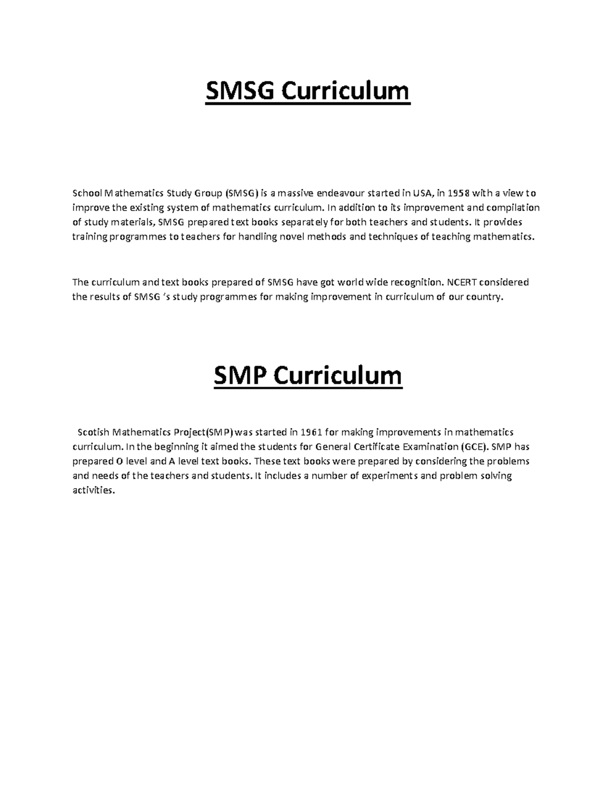 SMSG & SMP Curriculum - SMSG Curriculum School Mathematics Study Group ...