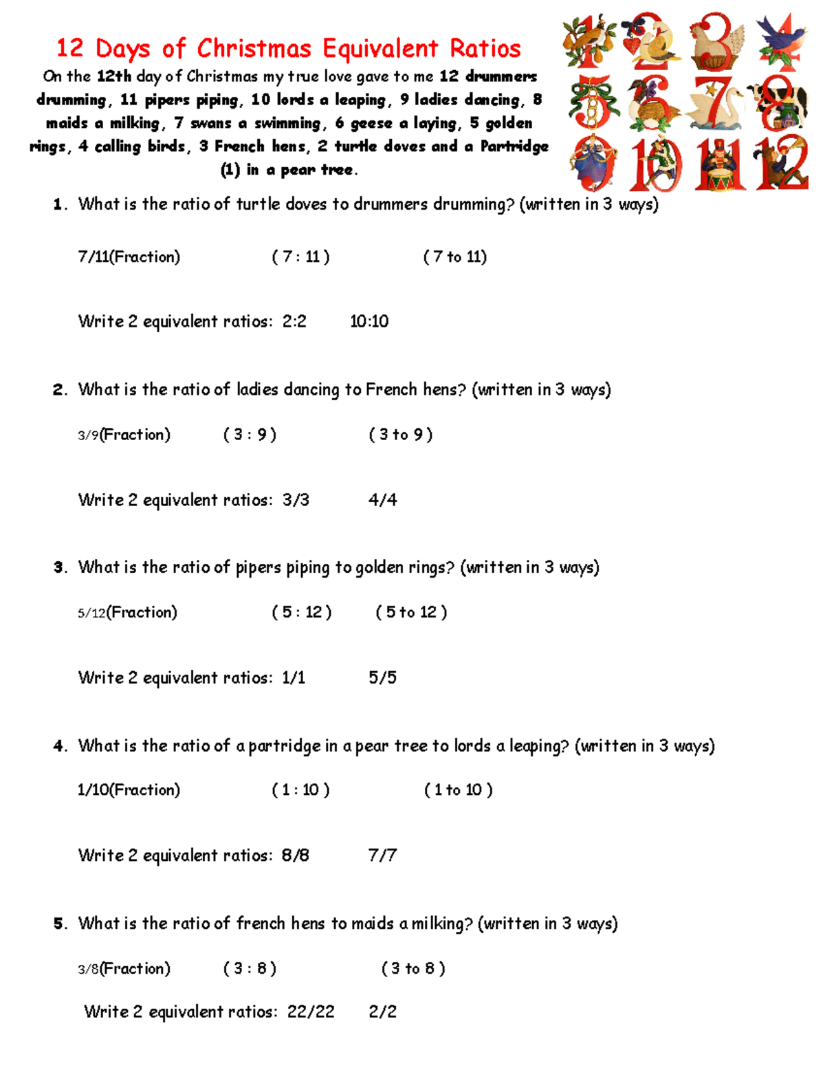 12Daysof Christmas Equivalent Ratios-2 - 12 Days of Christmas ...