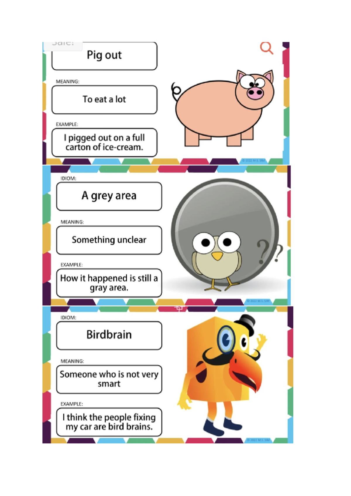 Idioms - cards - Jaic: Pig out MEANING: To eat a lot EXAMPLE: I pigged ...