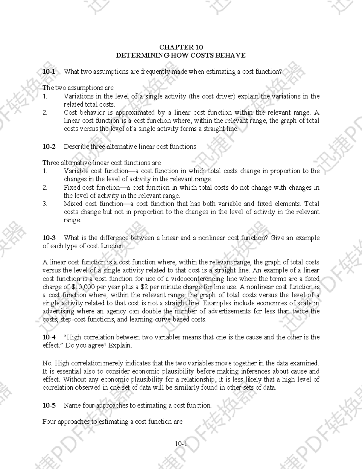 3323 - Questions - CHAPTER 10 DETERMINING HOW COSTS BEHAVE 10-1 What ...