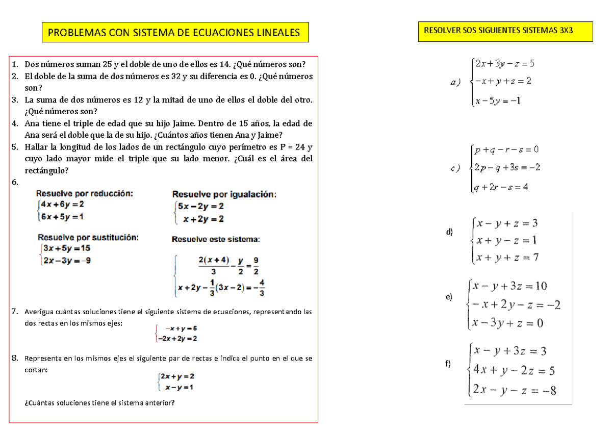 Practica DE Sistema DE Ecuaciones Lineales - PROBLEMAS CON SISTEMA DE ...
