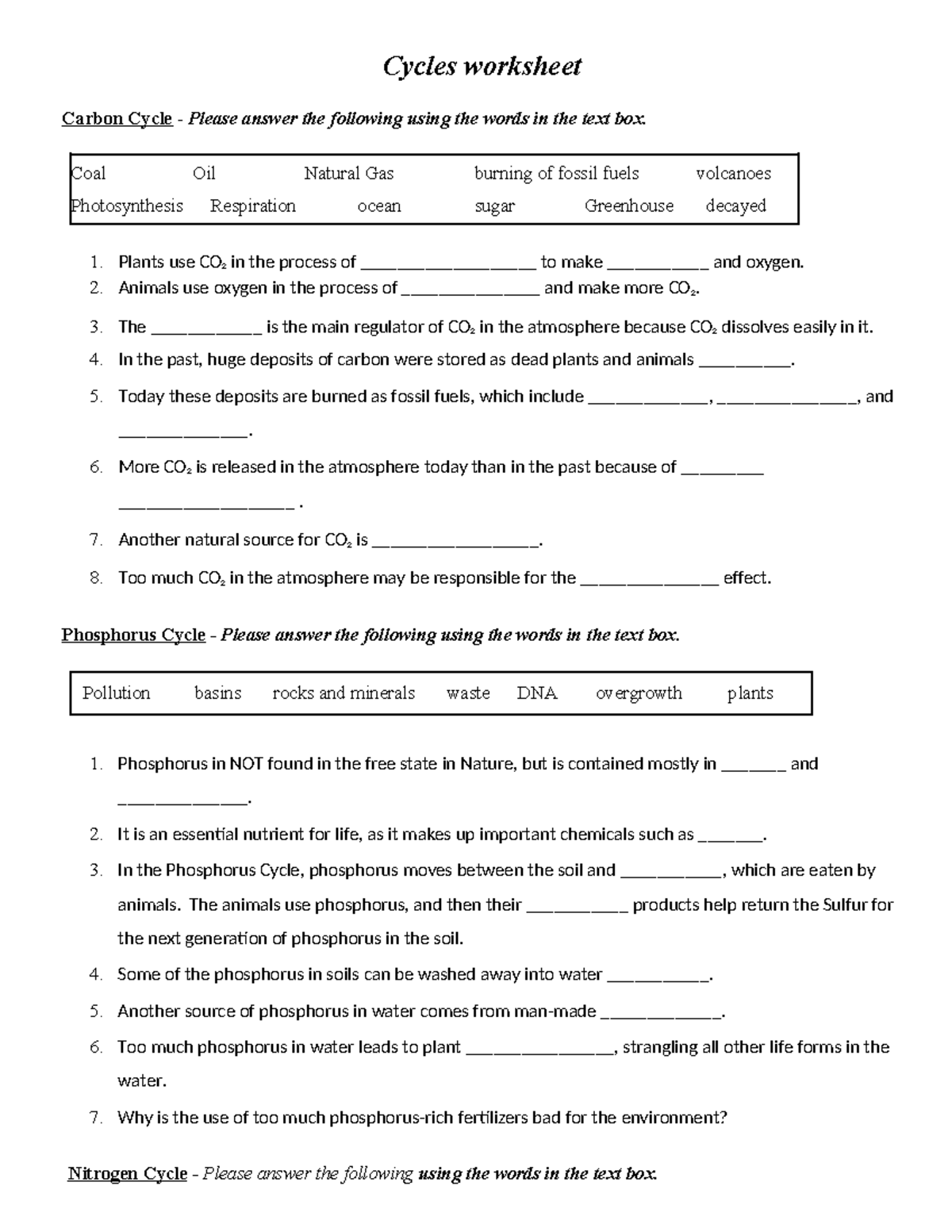 Cycles cloze exercises - Cycles worksheet Carbon Cycle - Please answer ...