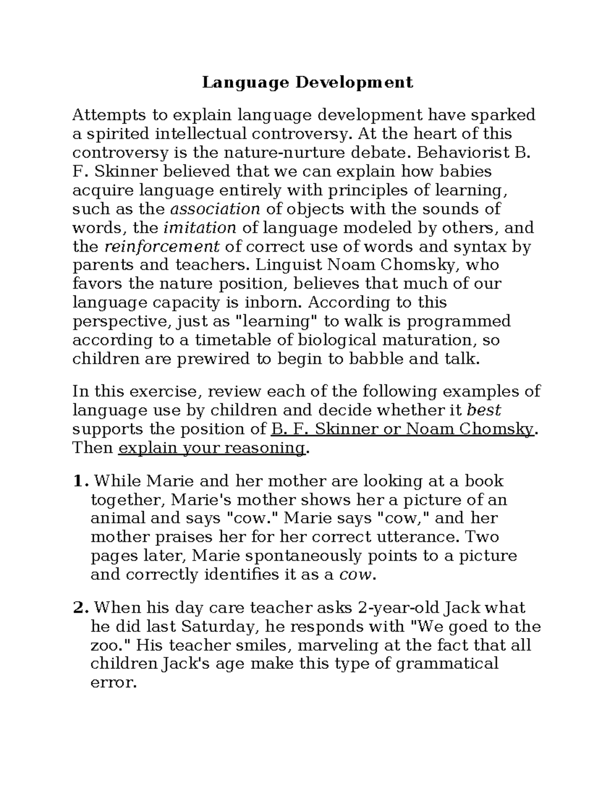 Language Development Chomsky vs Skinner Activity 2 - Language ...