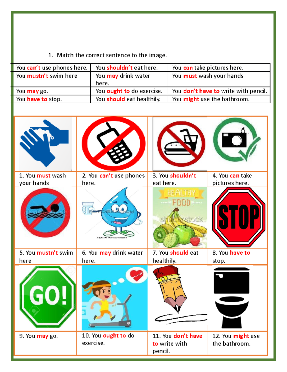 MODAL VERBS INGLES - Match the correct sentence to the image. You can’t ...
