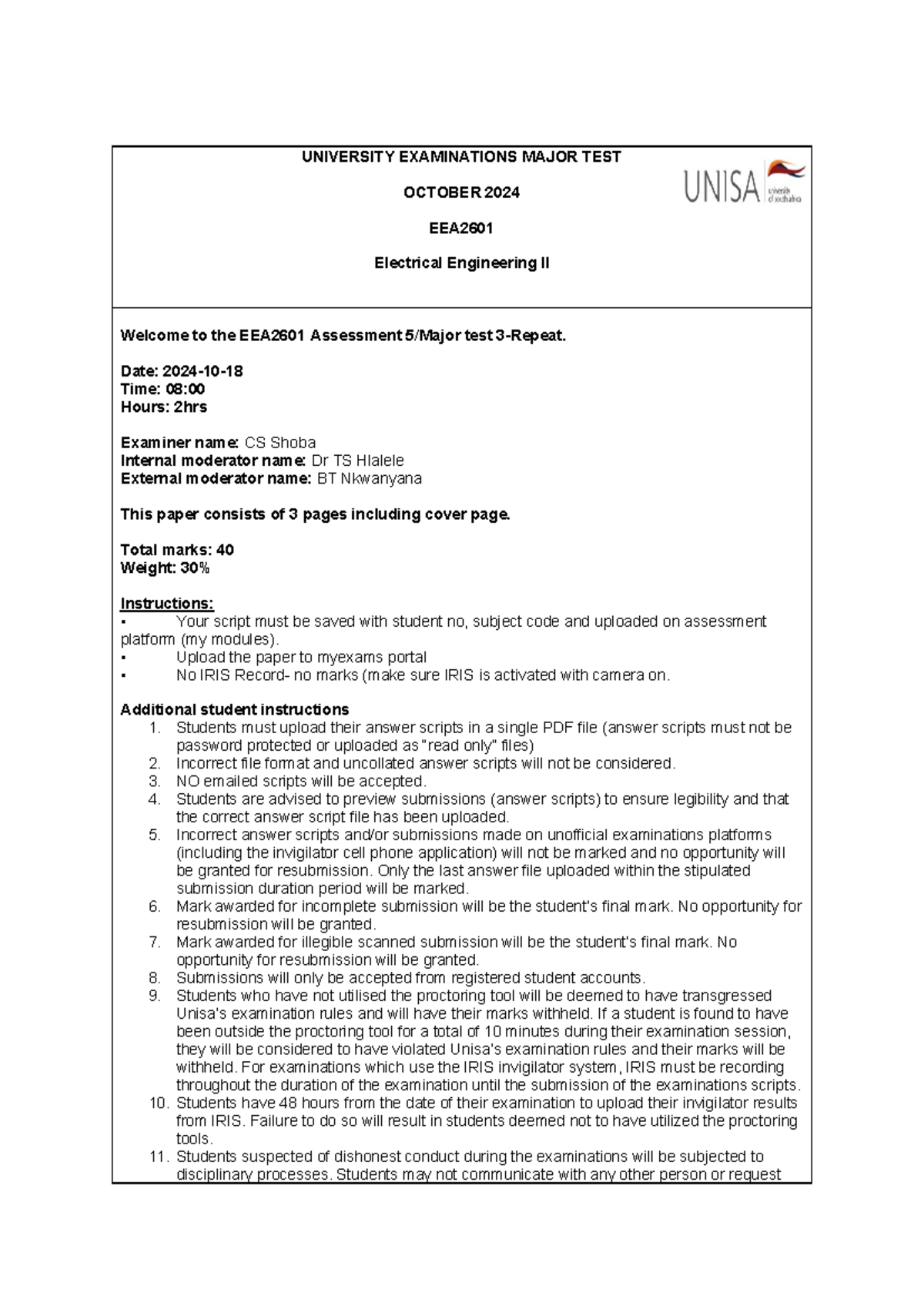 EEA2601 2024 Major Test 3 - UNIVERSITY EXAMINATIONS MAJOR TEST OCTOBER ...