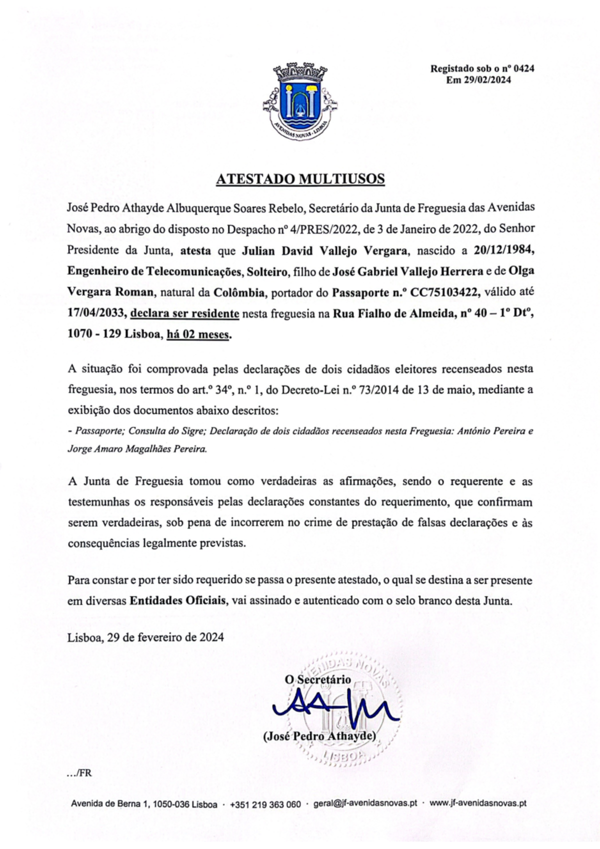 Atestado - Junta de freguesia avenidas novas - Registado sob o 0424 Em ...