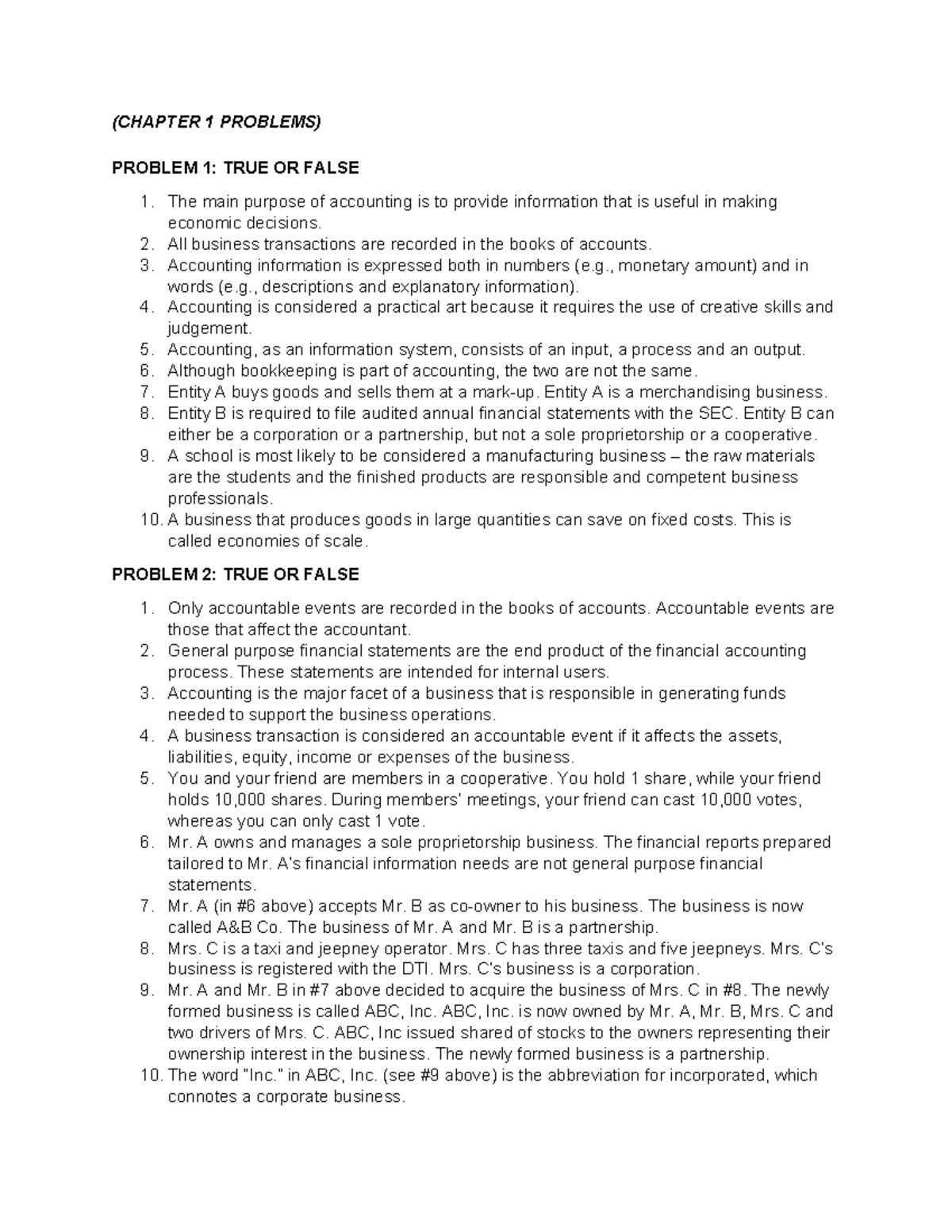 Chapter-1 - For accountancy program - (CHAPTER 1 PROBLEMS) PROBLEM 1: TRUE OR FALSE The main ...