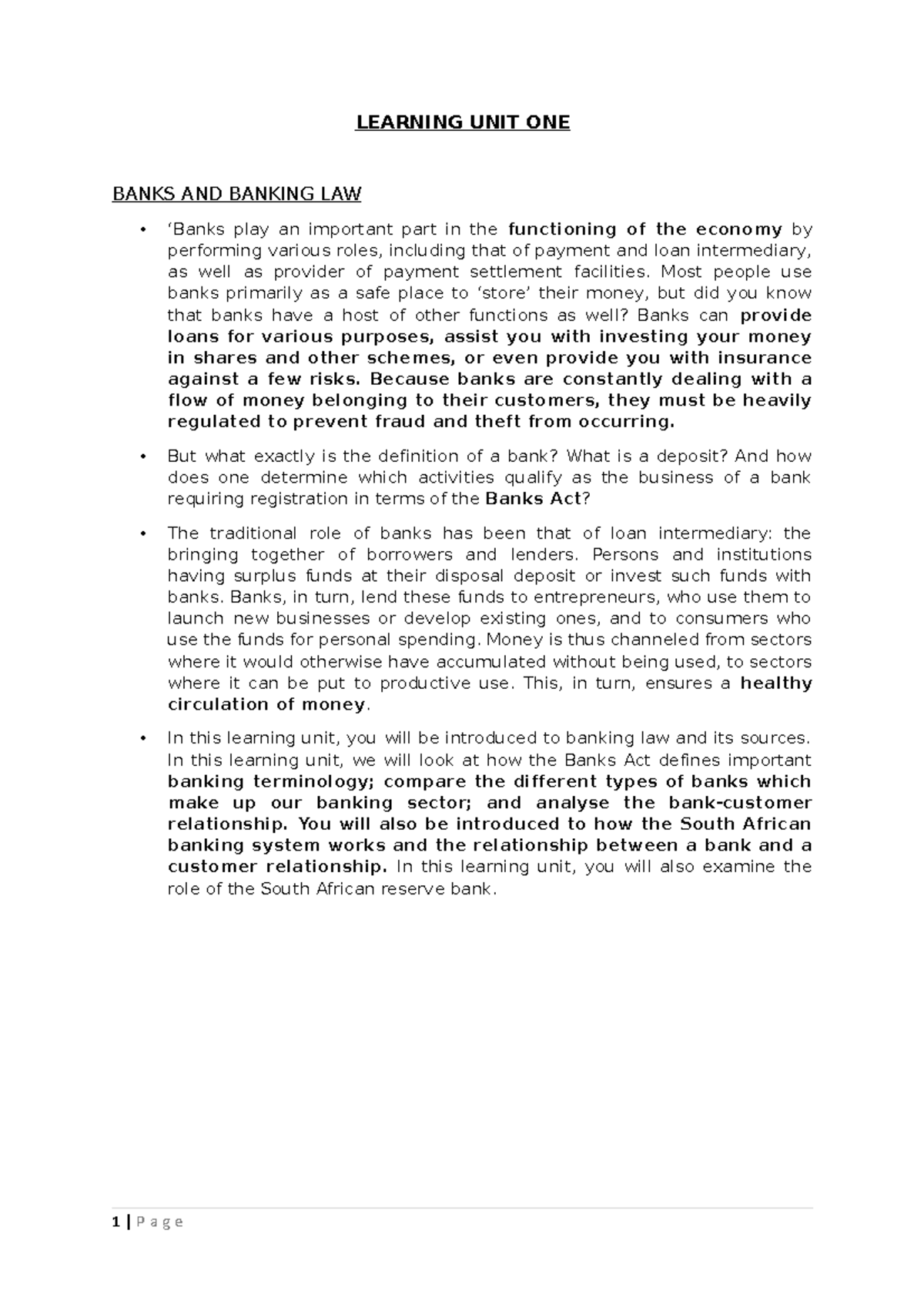 Learning UNIT 1 - notes - LEARNING UNIT ONE BANKS AND BANKING LAW ...