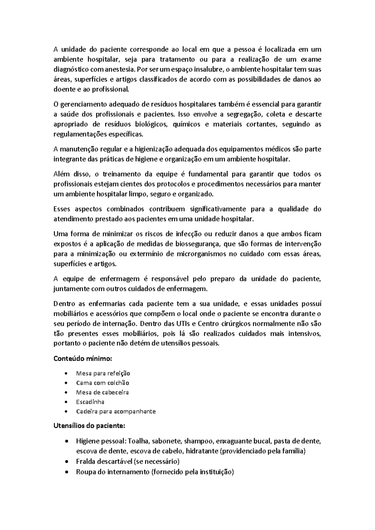 PCE - Resumo Processo Do Cuidar - A unidade do paciente corresponde ao ...