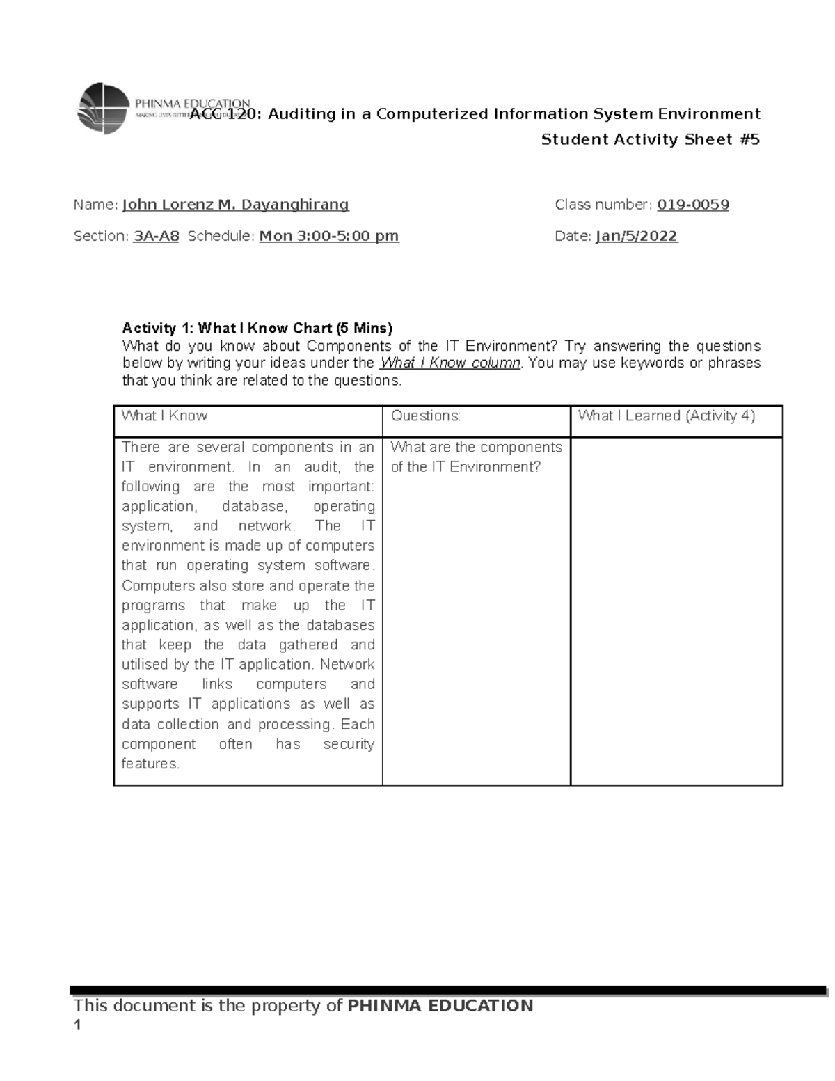 ACC 019 answer module 5 - Student Activity Sheet # Name: John Lorenz M ...