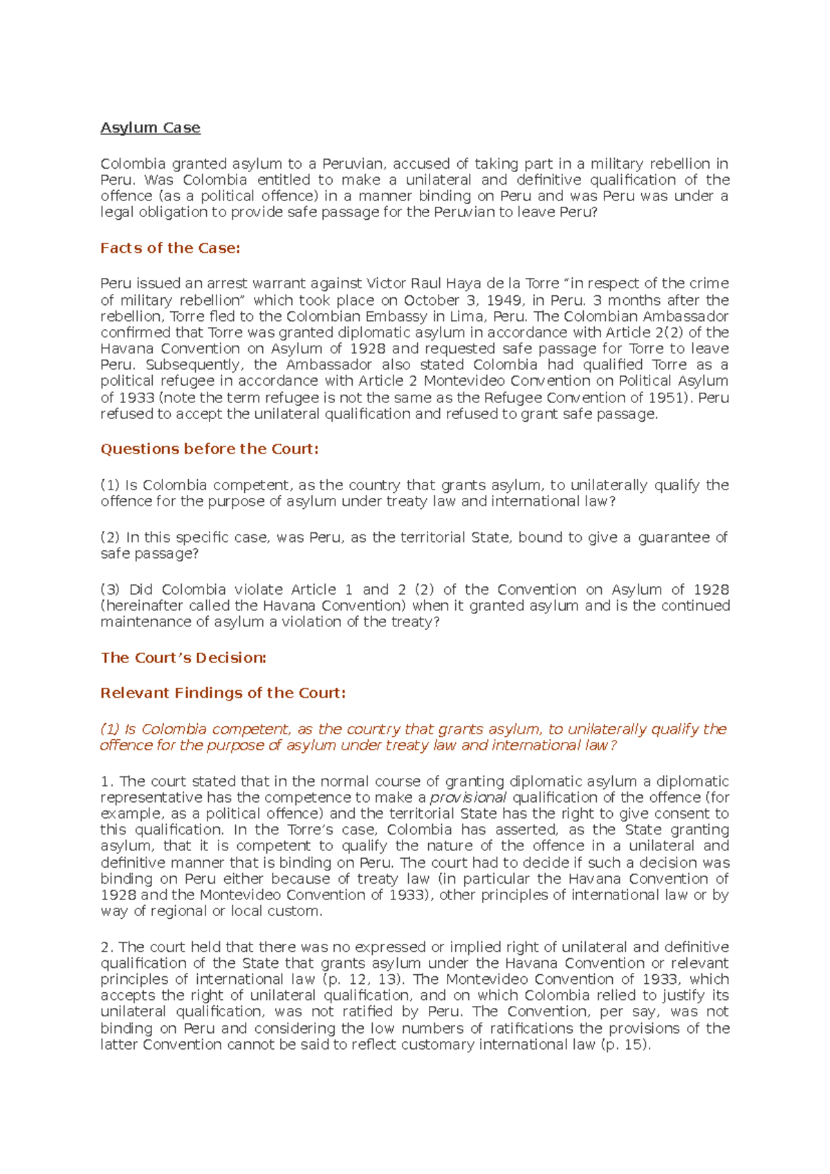 Asylum Case case law - Asylum Case Colombia granted asylum to a ...