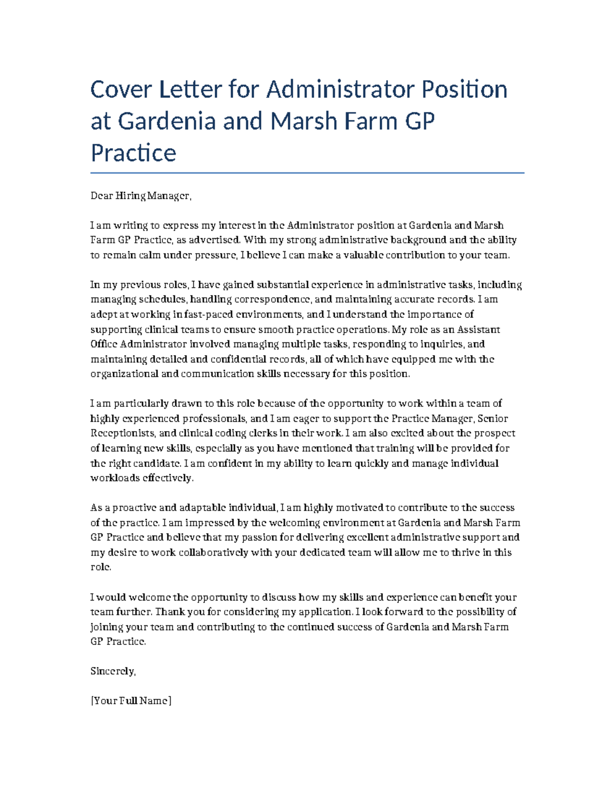 Administrator Cover Letter Gardenia Marsh Farm GP Practice - Cover ...