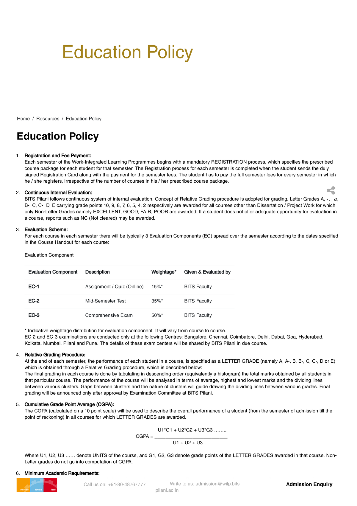 BITS Education Policy For Working Professionals WILP - Home / Resources ...