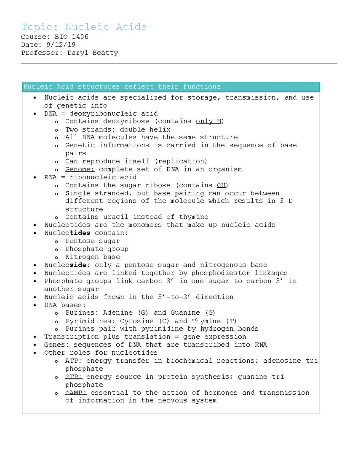 Chapter 4 - Warning: TT: undefined function: 32 Topic: Nucleic Acids Course: BIO 1406 Date: 9/12 ...
