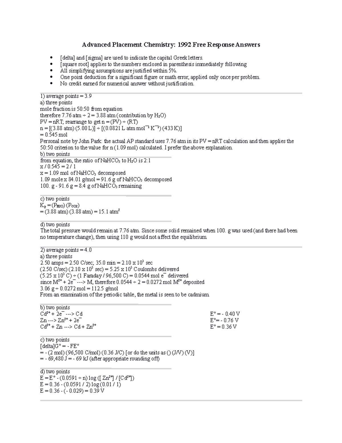 Answers 1992 Free Response - Advanced Placement Chemistry: 1992 Free ...