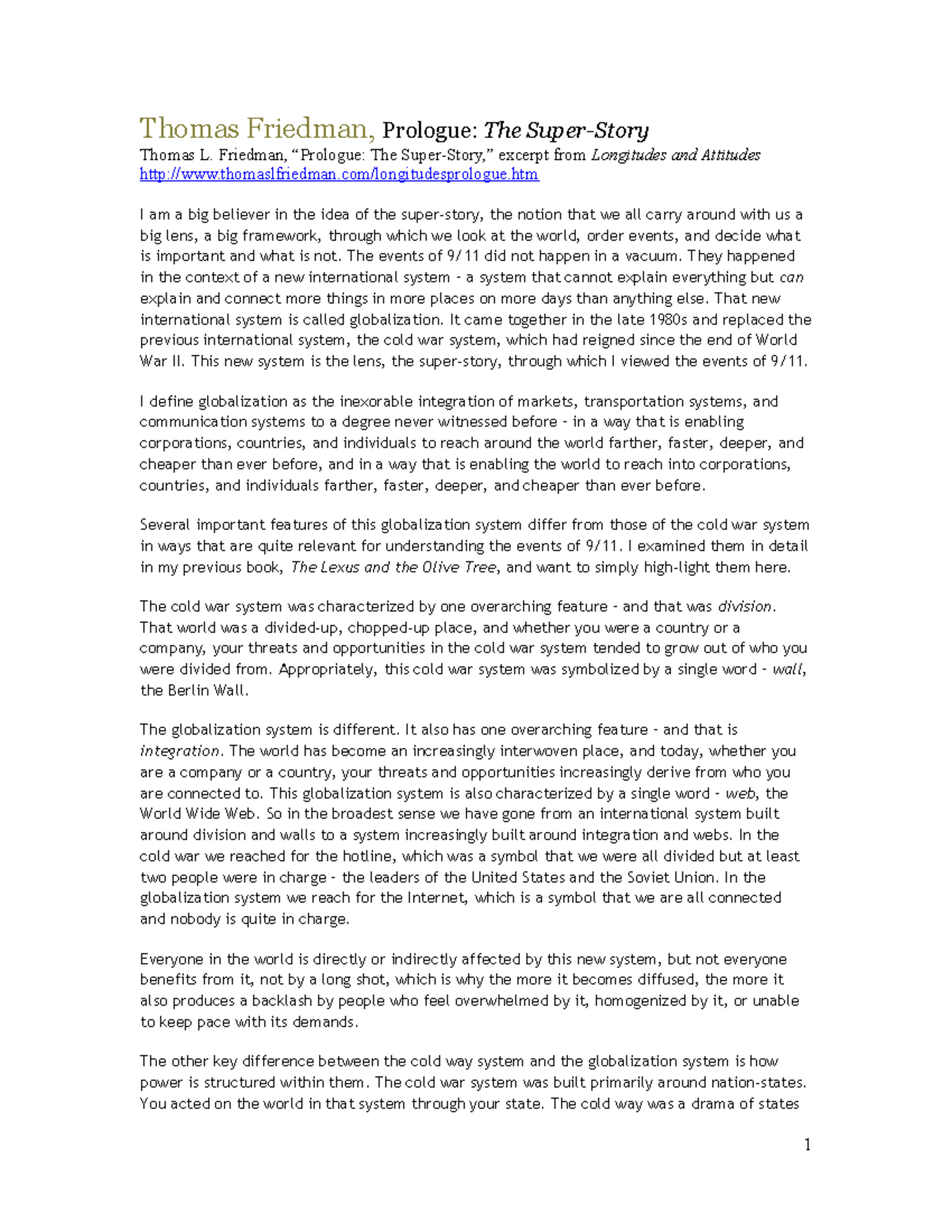 Friedman Prologue the Super-Story - Thomas Friedman, Prologue: The ...