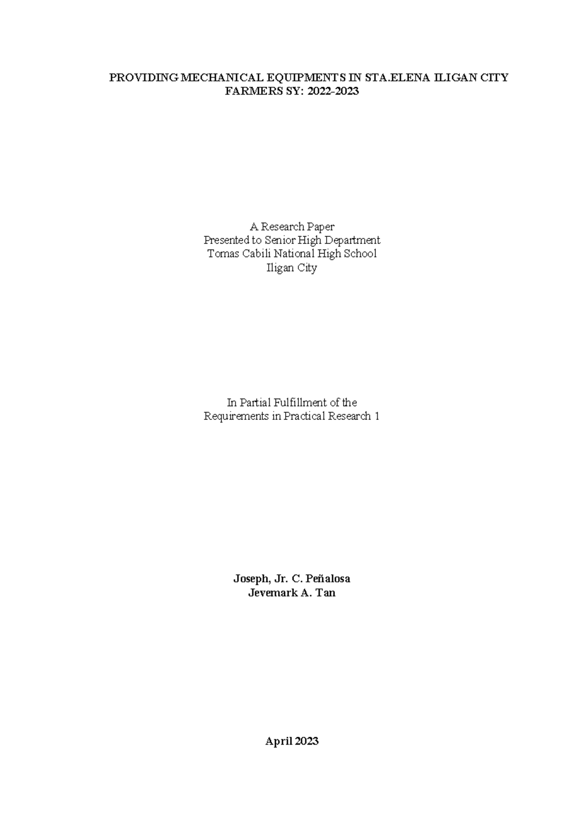 practical research - PROVIDING MECHANICAL EQUIPMENTS IN STA ILIGAN CITY ...