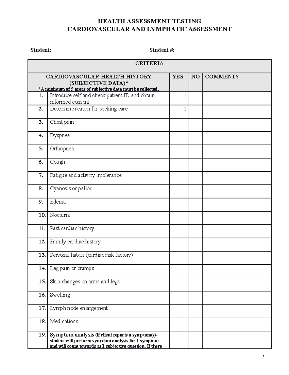 Cadio Lymph System checklist - HEALTH ASSESSMENT TESTING CARDIOVASCULAR ...