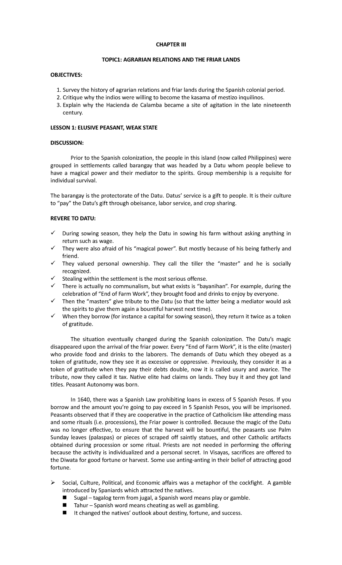Chapter III- Topic 1 - Lecture notes - CHAPTER III TOPIC1: AGRARIAN ...
