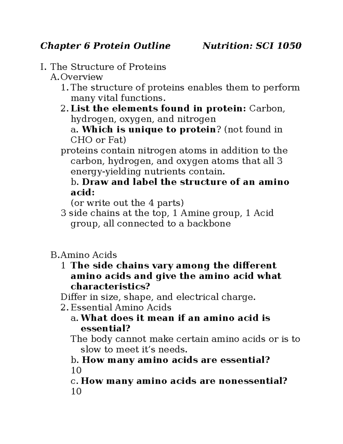 Chapter 6 Protein Outline 1050 RL 2 - Chapter 6 Protein Outline ...