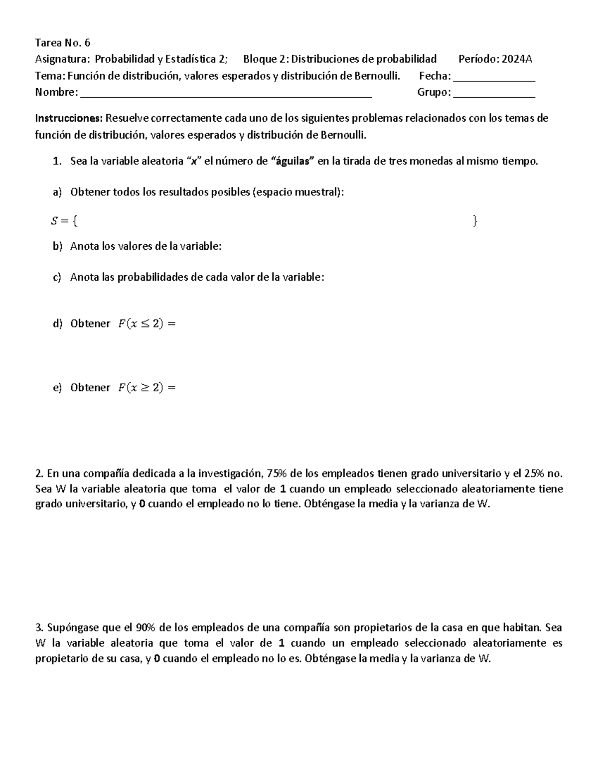 Tarea No.6 - Py E2 - 2024A - Tarea No. 6 Asignatura: Probabilidad y ...