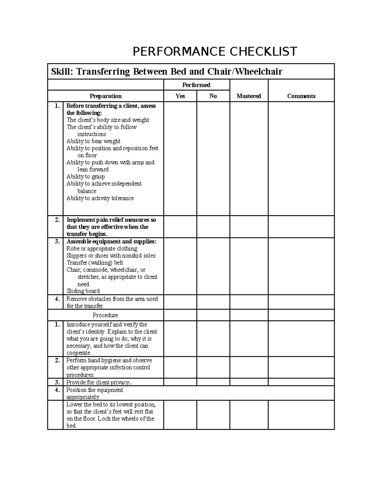 Performance- Checklist - PERFORMANCE CHECKLIST Skill: Transferring ...