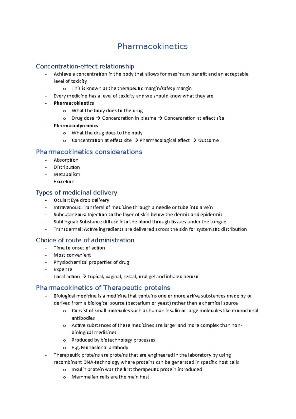 Pharmacokinetics - Lecture Notes - Pharmacokinetics Concentration ...