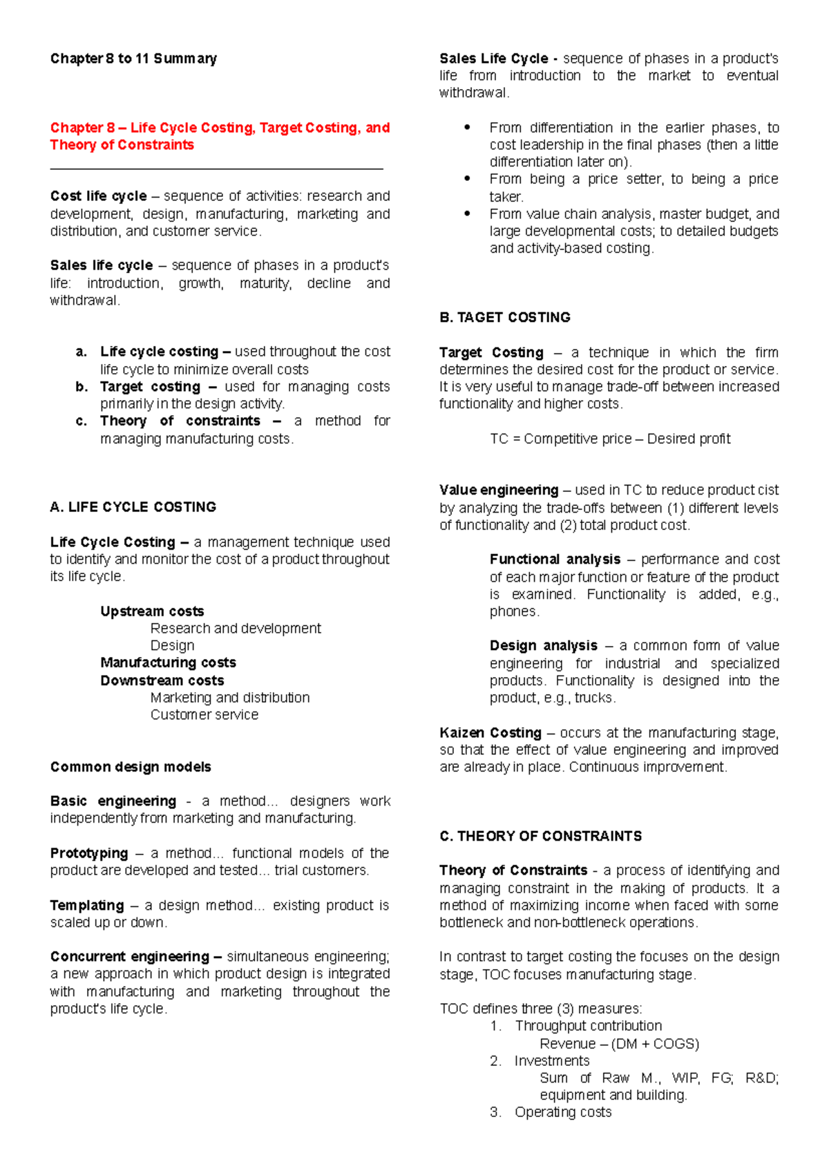 SCM 2021, Cabrera, Chapter 8 to 11 Summary - Chapter 8 to 11 Summary Chapter 8 – Life Cycle ...