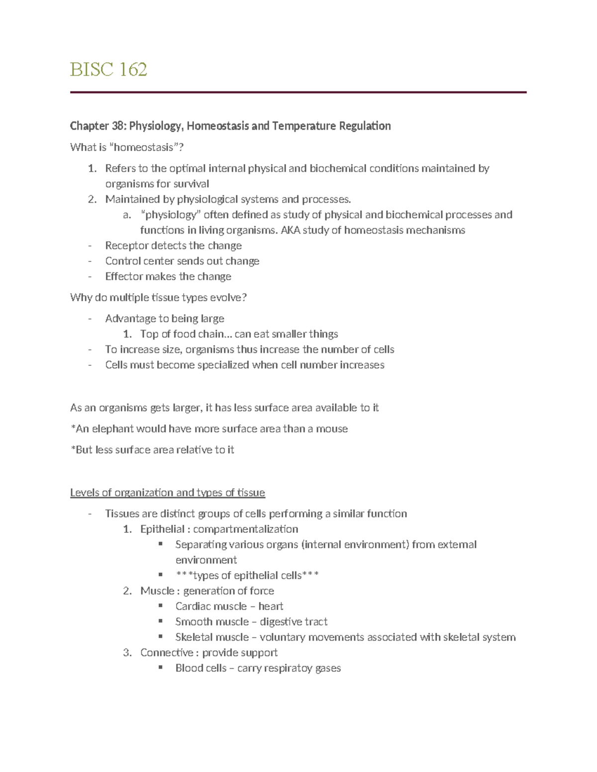 BISC 162 Notes - leary - BISC 162 Chapter 38: Physiology, Homeostasis ...