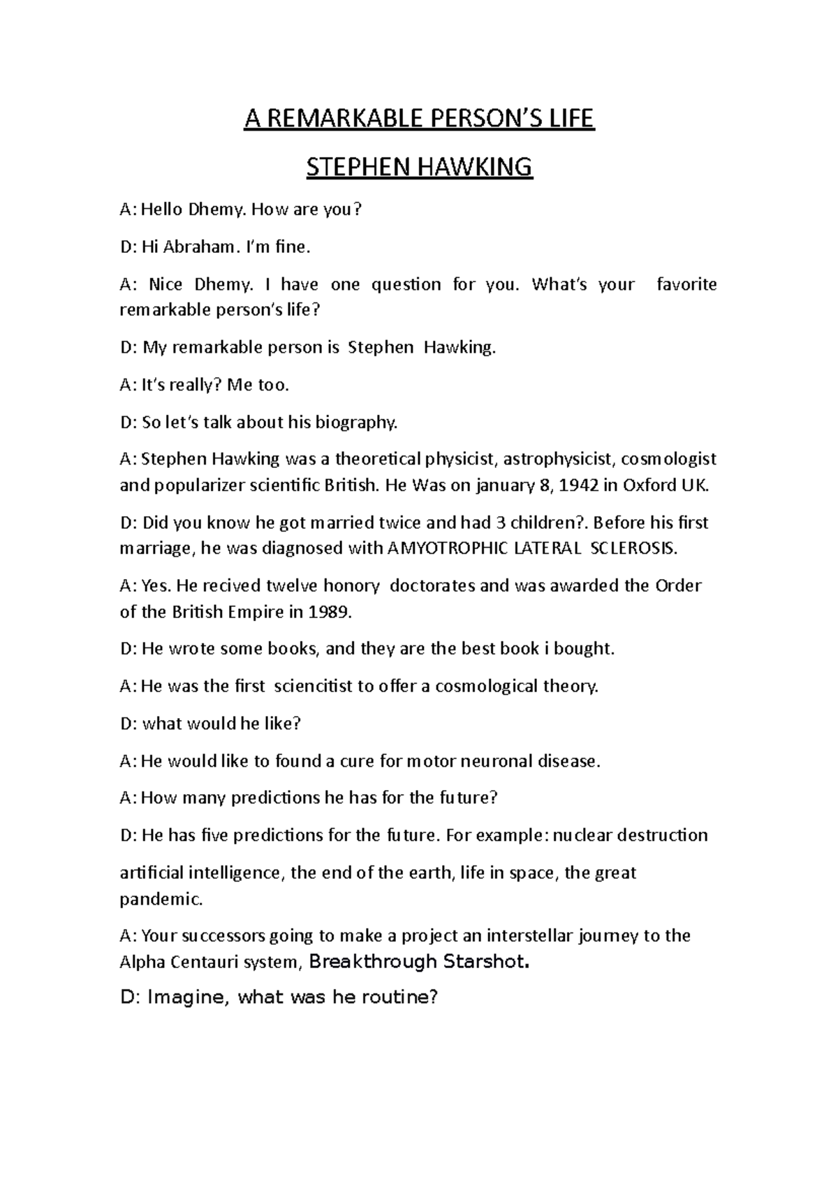 A Remarkable Person Ingles - A REMARKABLE PERSON’S LIFE STEPHEN HAWKING ...