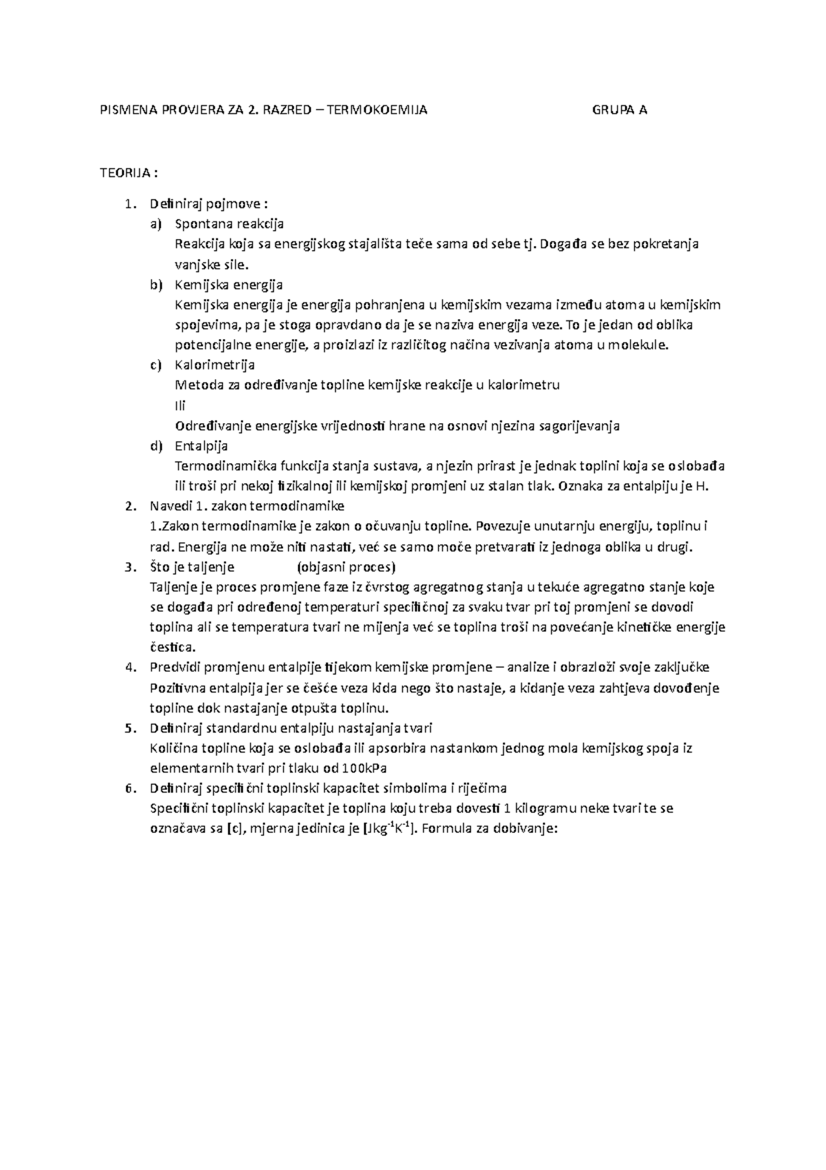 Ispit iz kemija A - PISMENA PROVJERA ZA 2. RAZRED – TERMOKOEMIJA GRUPA ...