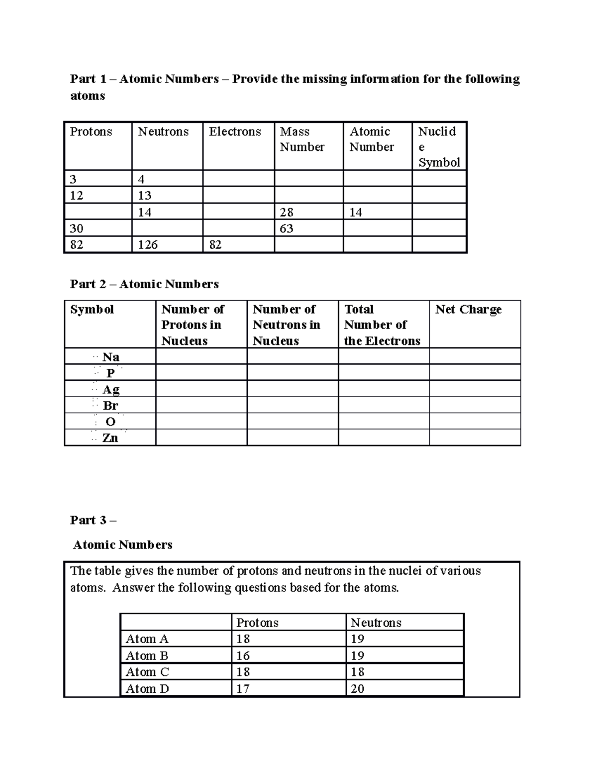 Chapter 1 Atomic Numbers and Mole Concept Practice - Part 1 – Atomic ...