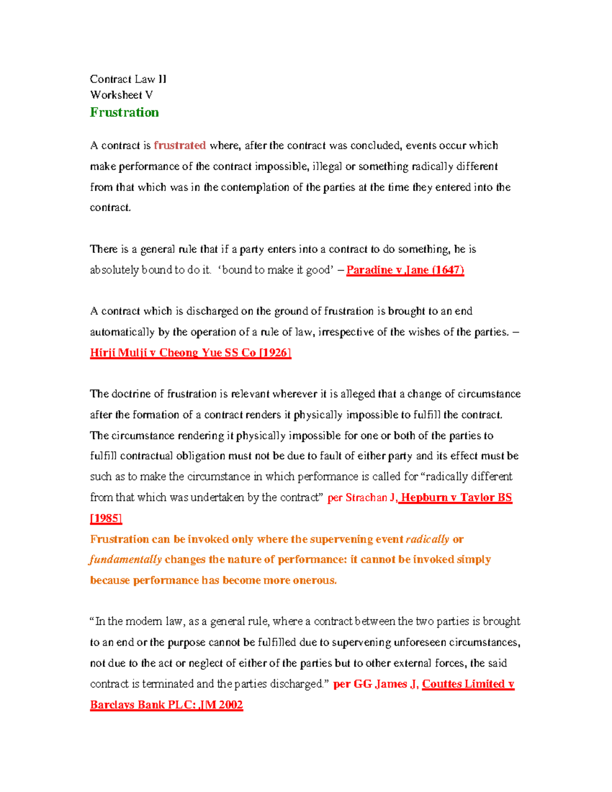 Contract WS5 - Frustration ALL Cases - Contract Law II Worksheet V ...