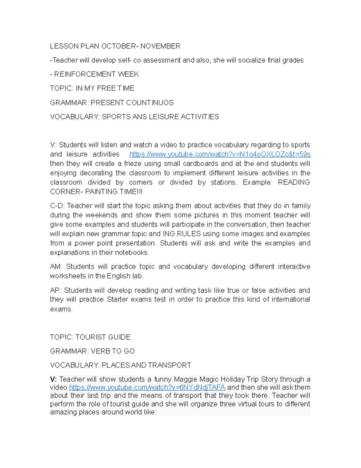 1° Lesson PLAN October- November First Grade - LESSON PLAN OCTOBER ...