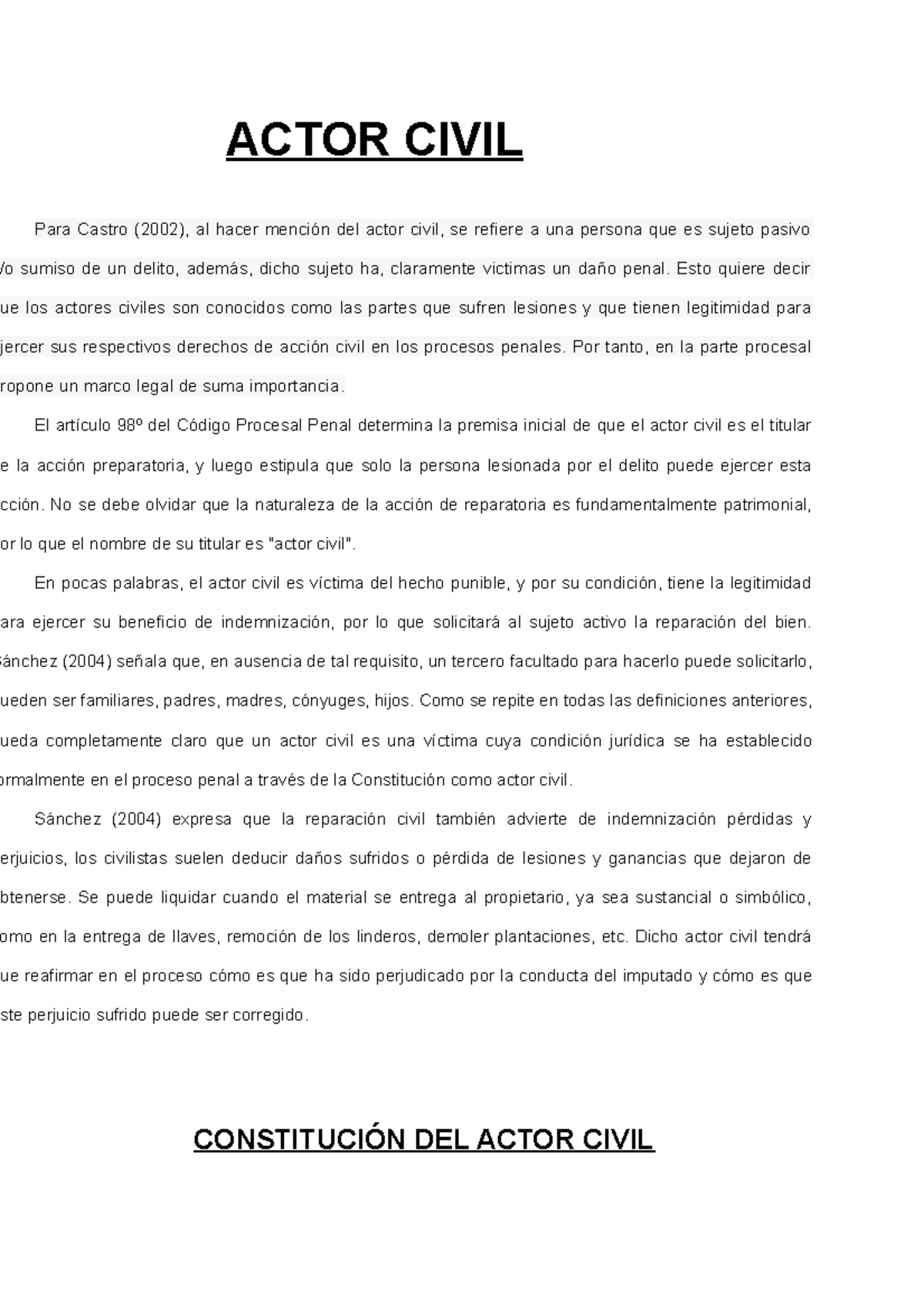 Actor Civil - ACTOR CIVIL Para Castro (2002), al hacer mención del ...