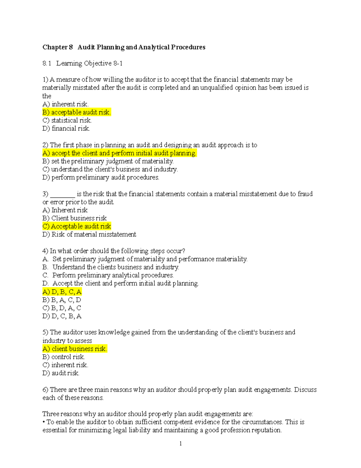 Chapter 8 - adit 1 - audit 1 - Chapter 8 Audit Planning and Analytical ...