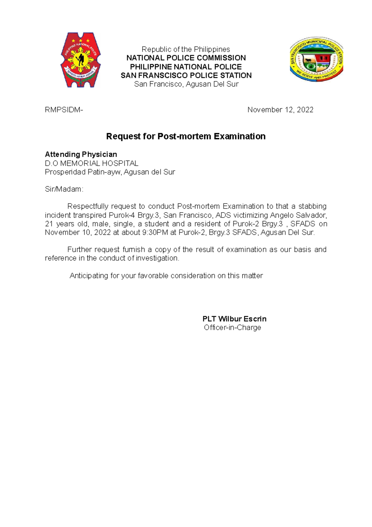 Request FOR POST Mortem - Republic of the Philippines NATIONAL POLICE ...