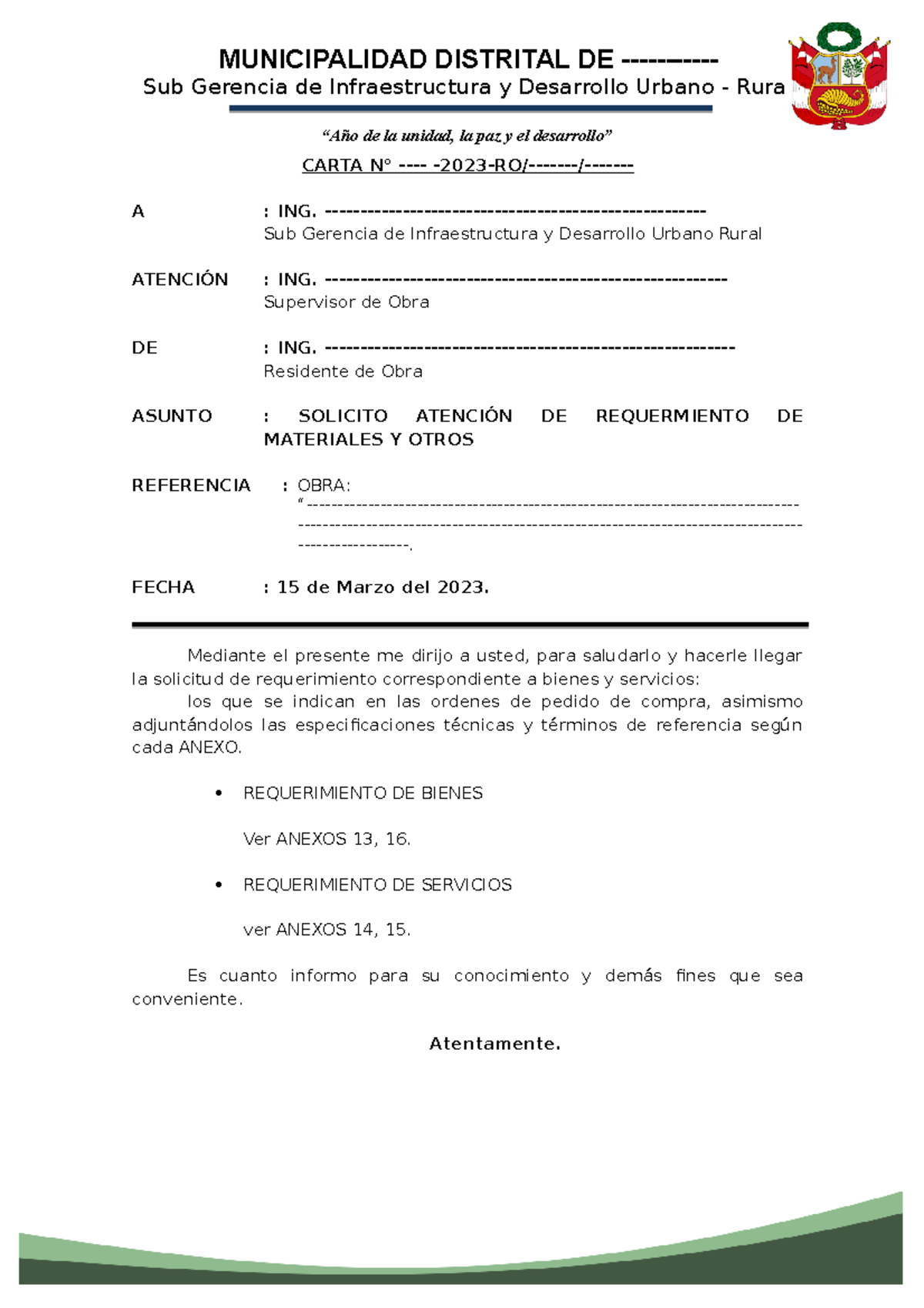 Modelo DE Carta PARA Requerimiento DE BIENES Y SERVICIO - MUNICIPALIDAD ...