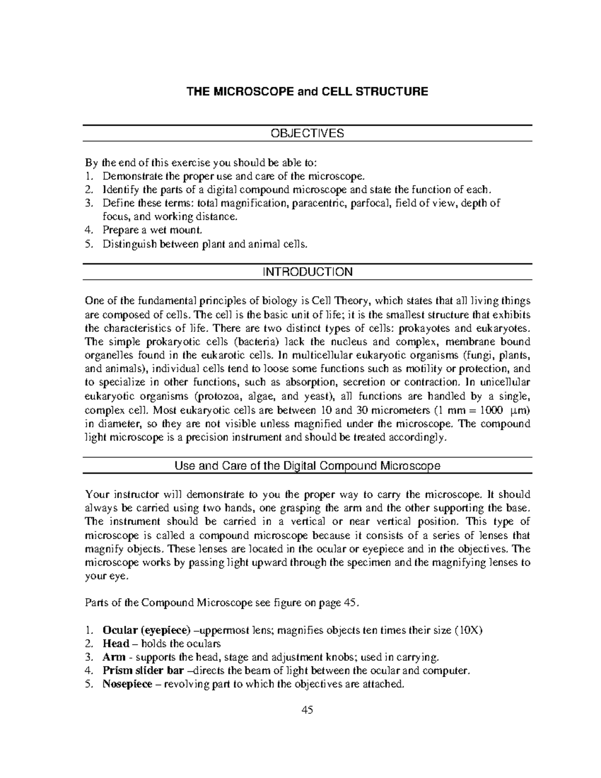 LAB Chapter 5 Microscope&Cells - THE MICROSCOPE and CELL STRUCTURE ...