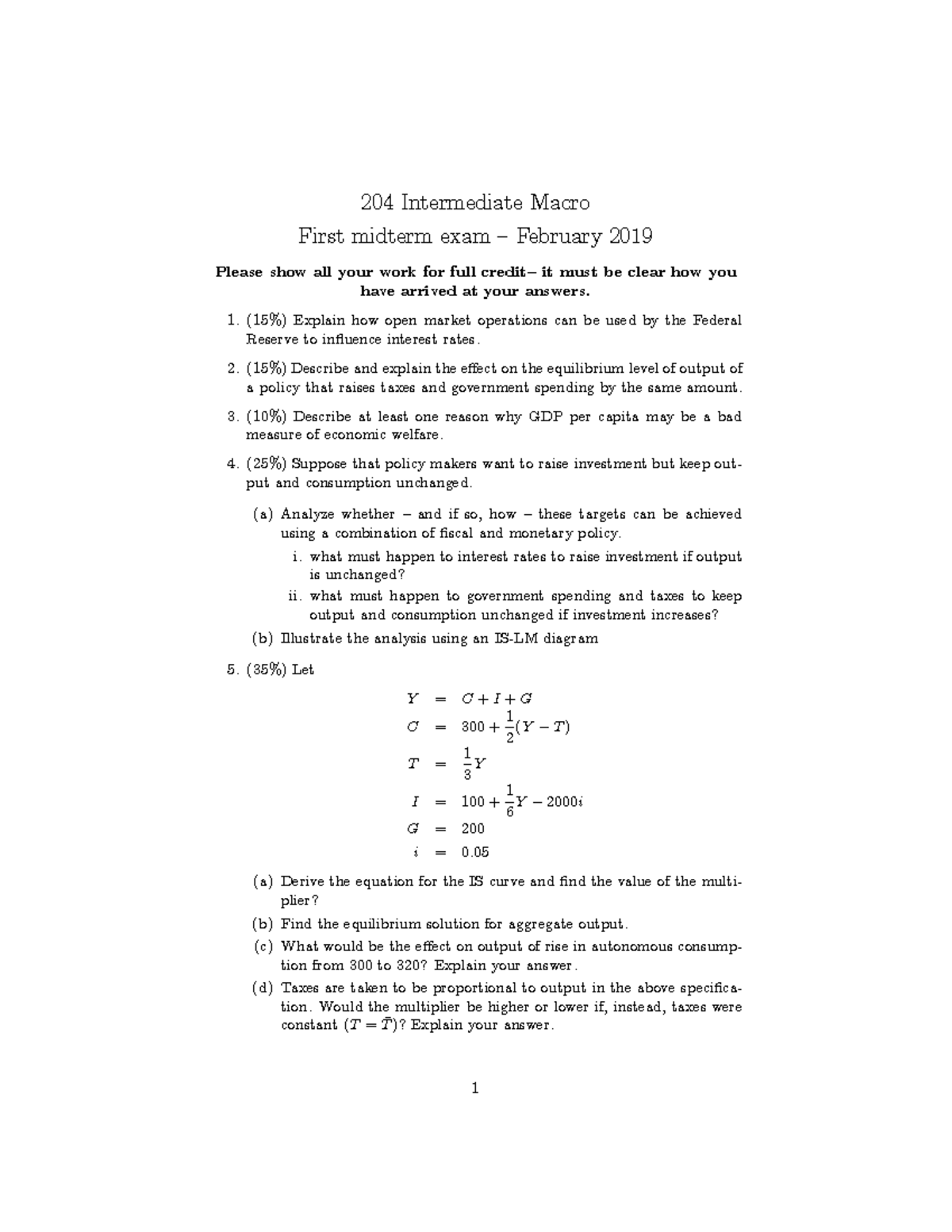 204 First midterm - regular - 2019 v04 - 204 Intermediate Macro First ...