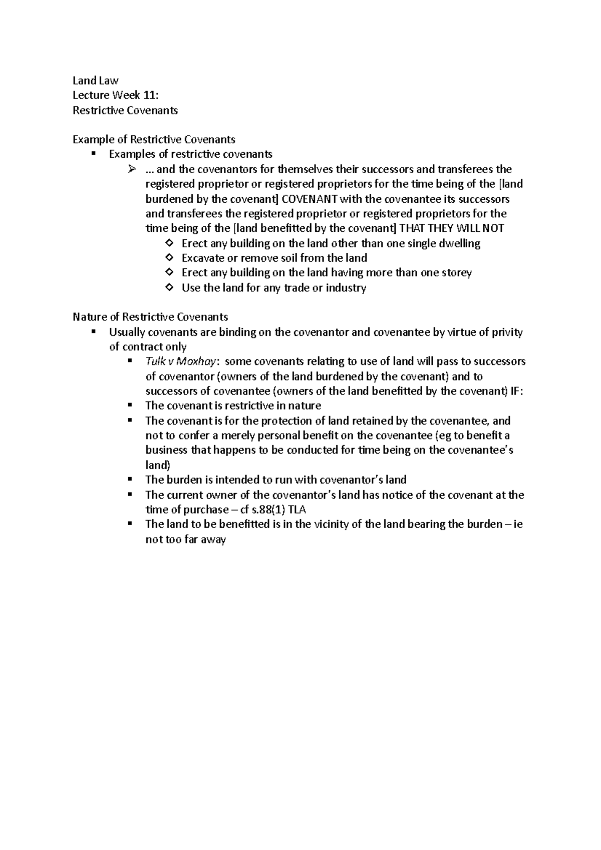 Land Law lecture week 11 - Land Law Lecture Week 11: Restrictive ...