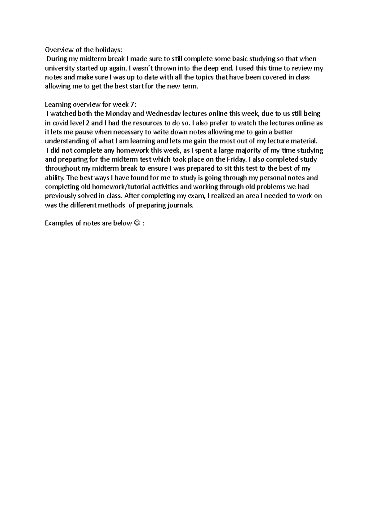 Reflection Week 7 ACCT103 - Overview of the holidays: During my midterm ...