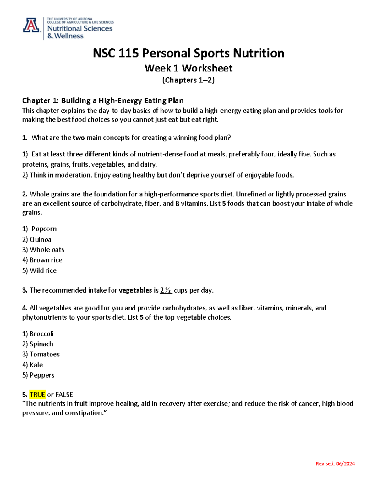 Week 1 Worksheet - NSC 115 Personal Sports Nutrition Week 1 Worksheet ...
