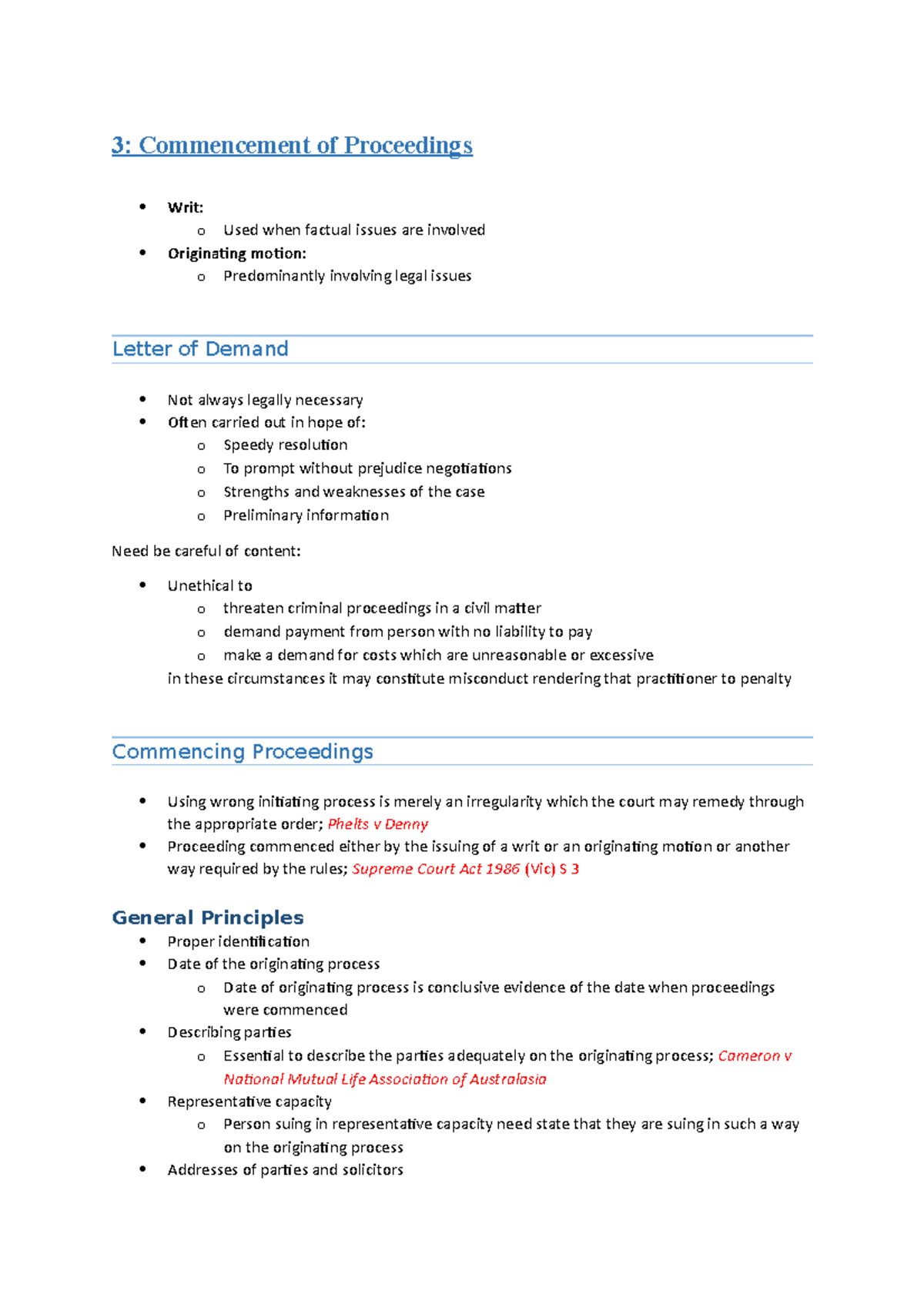 Civil Procedure long notes - 3: Commencement of Proceedings Writ: o ...
