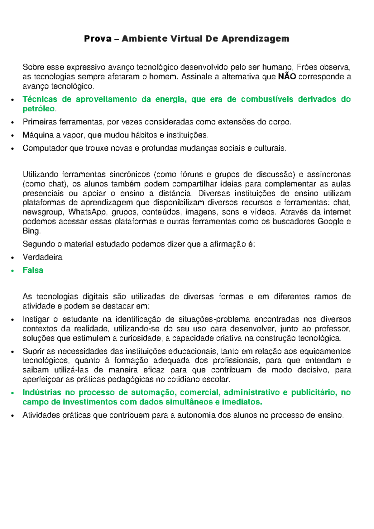 01 - Ambiente Virtual DE Aprendizagem - Prova – Ambiente Virtual De Aprendizagem Sobre esse ...