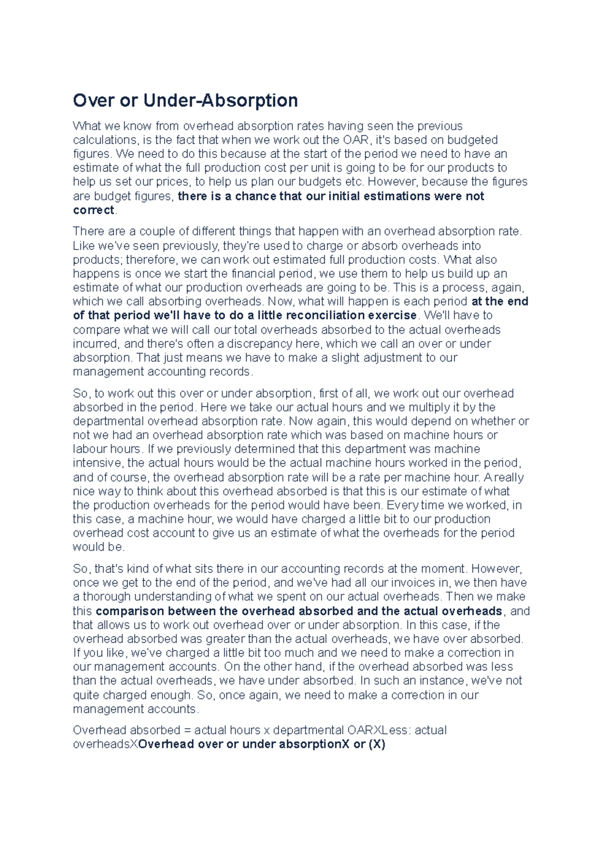 Examples of types of costing - Over or Under-Absorption What we know ...